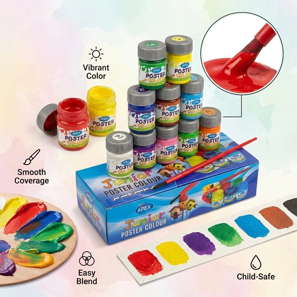 Apex Junior Poster Colors Paint Set 12 Bright Water Based Non Toxic ...